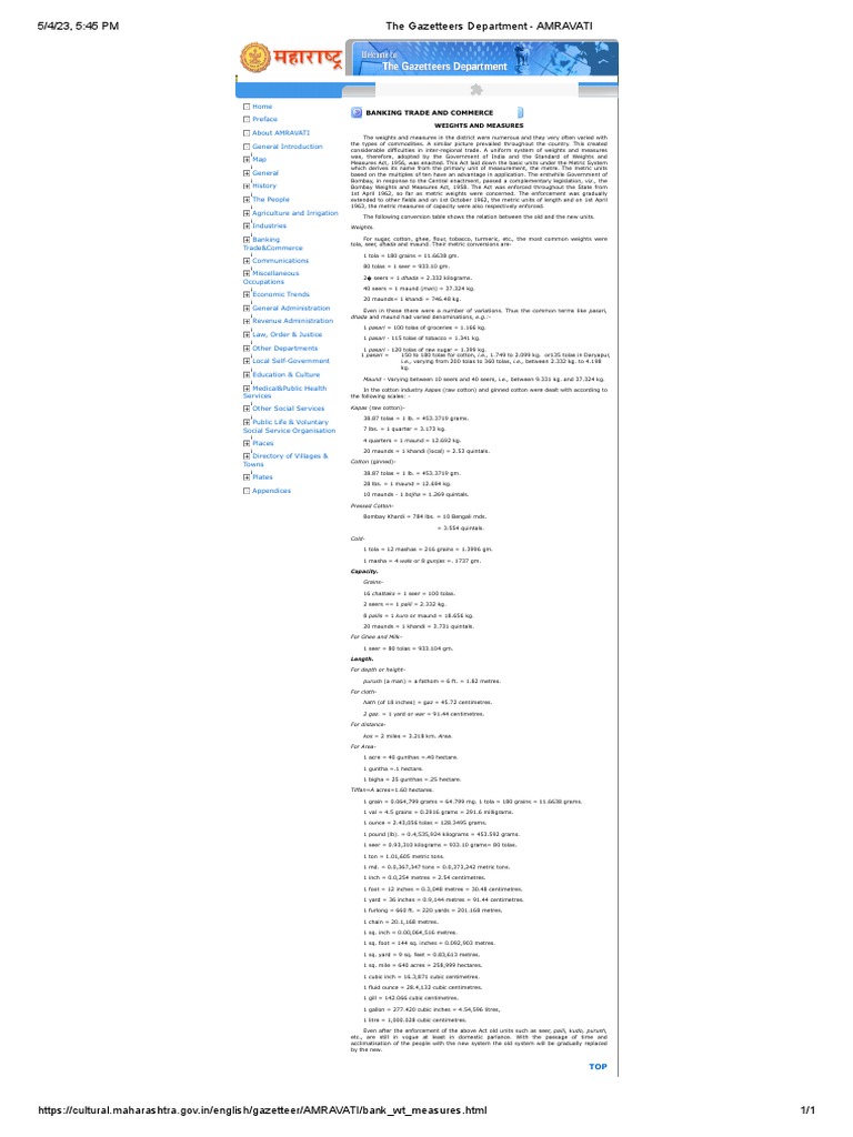 Weights and Measures - The Gazetteers Department - AMRAVATI | PDF | Pound (Mass) | Gram