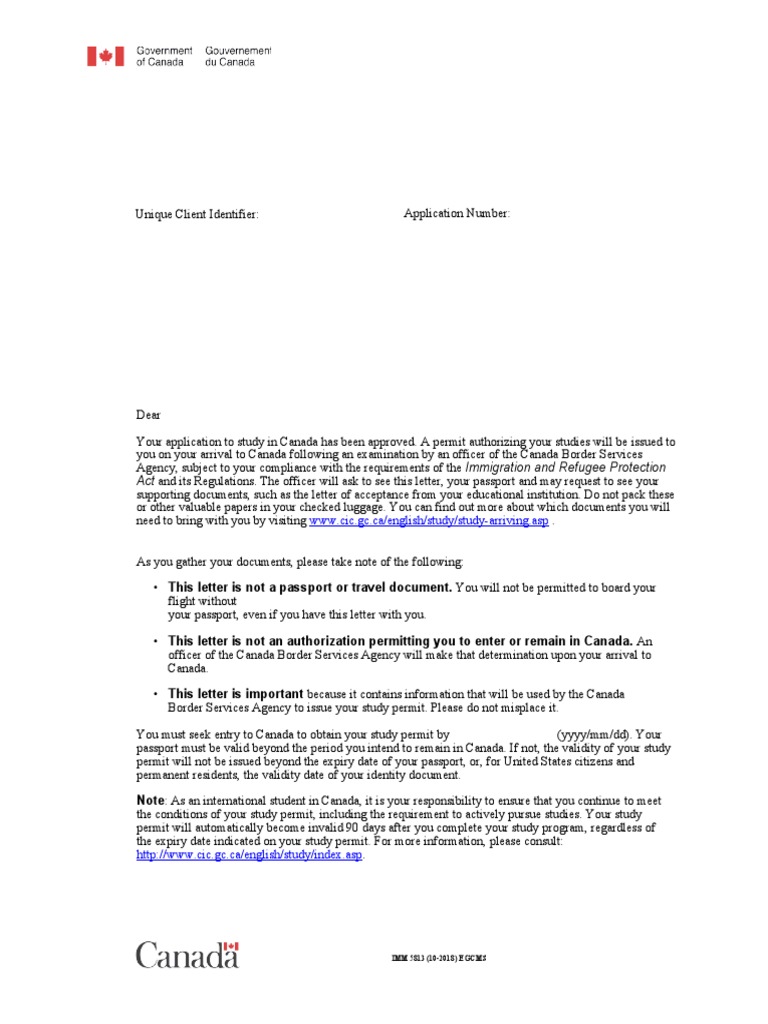 Canada Study Permit Entry Letter | PDF | Travel Visa | Passport