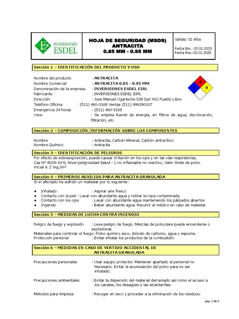 MSDS-140 ANTRACITA 0.85 - 0.95 MM HOJA DE SEGURIDAD.docx | PDF | Agua ...