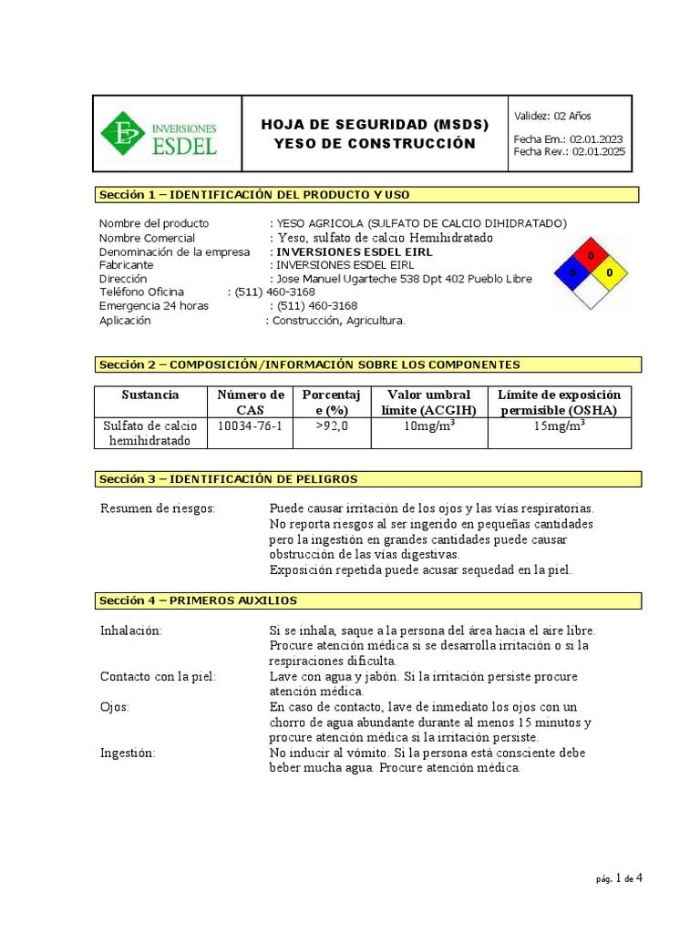 MSDS - MSDS YESO DE CONSTRUCCION Hoja de Seguridad | PDF