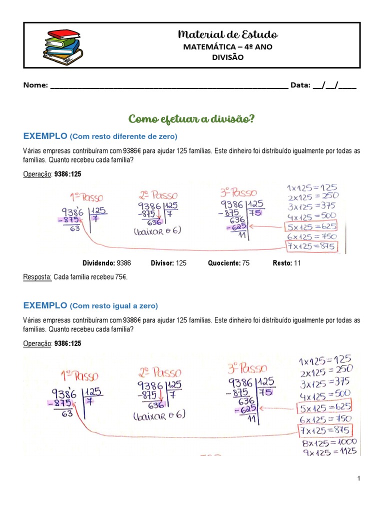 Mat 4º Divisão Explicação | PDF | Decimal | Divisão (Matemática)