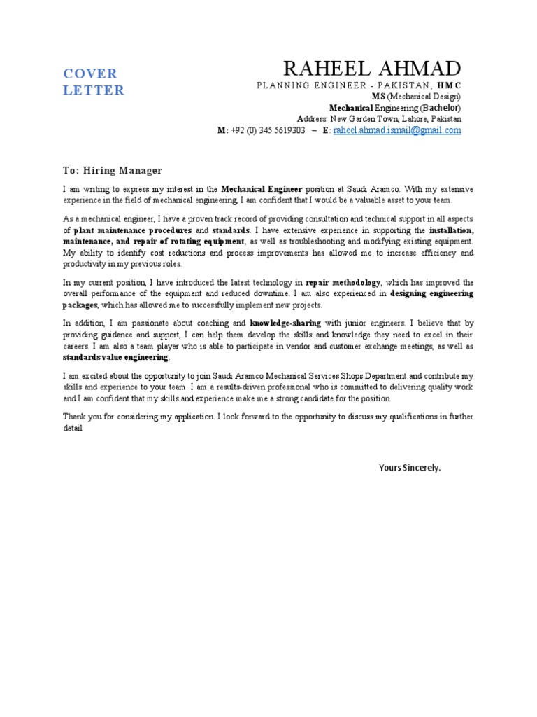 Raheel Ahmad Mechanical Engineer Cover Letter For Saudi Aramco | PDF ...