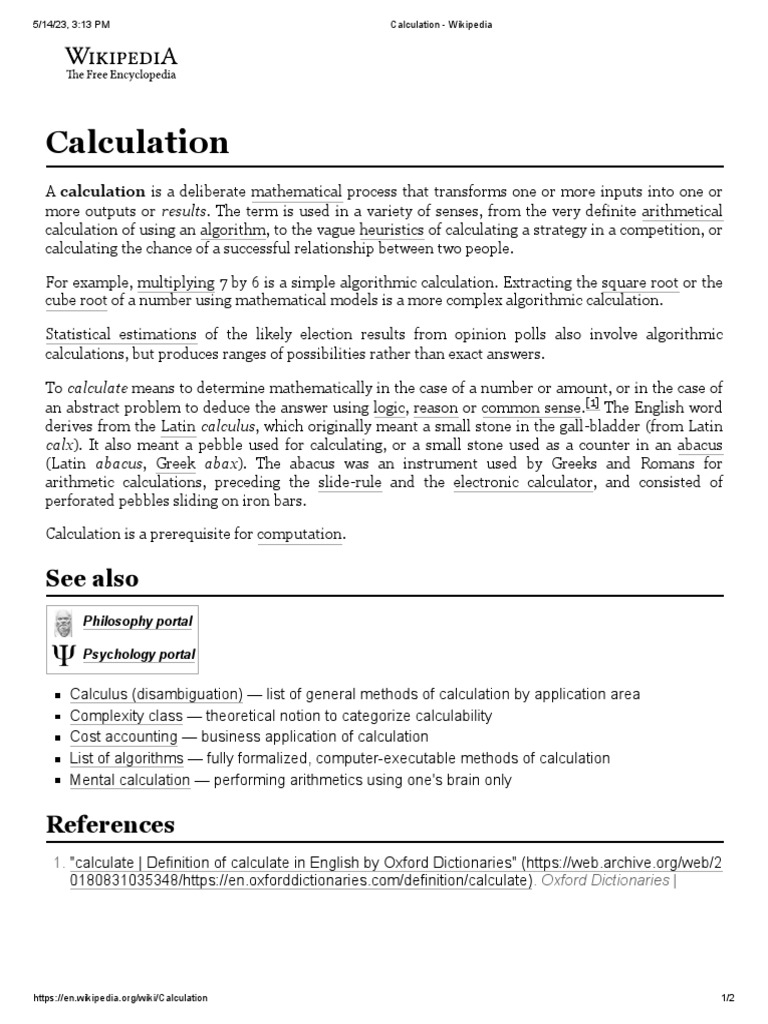 Calculation - Wikipedia | PDF | Applied Mathematics | Mathematics Calculation - Wikipedia | PDF | Applied Mathematics | Mathematics