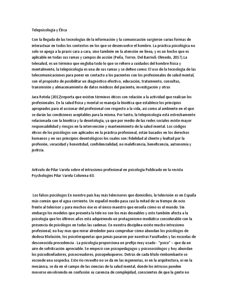 Telepsicología y Ética | PDF | Bioética | Sicología