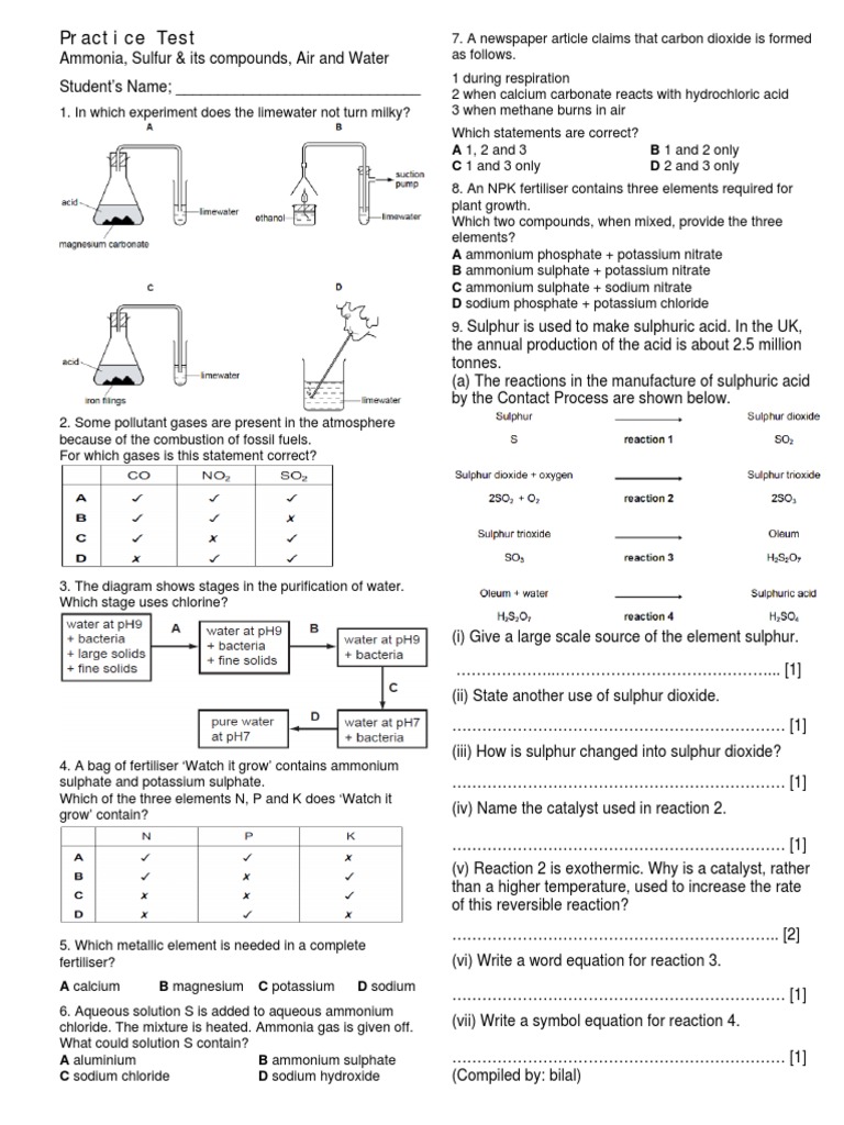 Chemistry Practice Test: Ammonia & Sulfur | PDF | Fertilizer | Sulfur