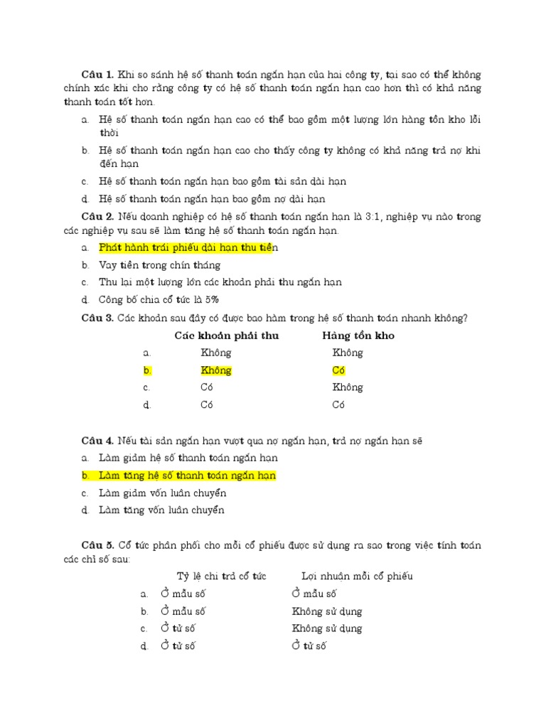 Câu Hỏi Trắc Nghiệm PTBCTC | PDF
