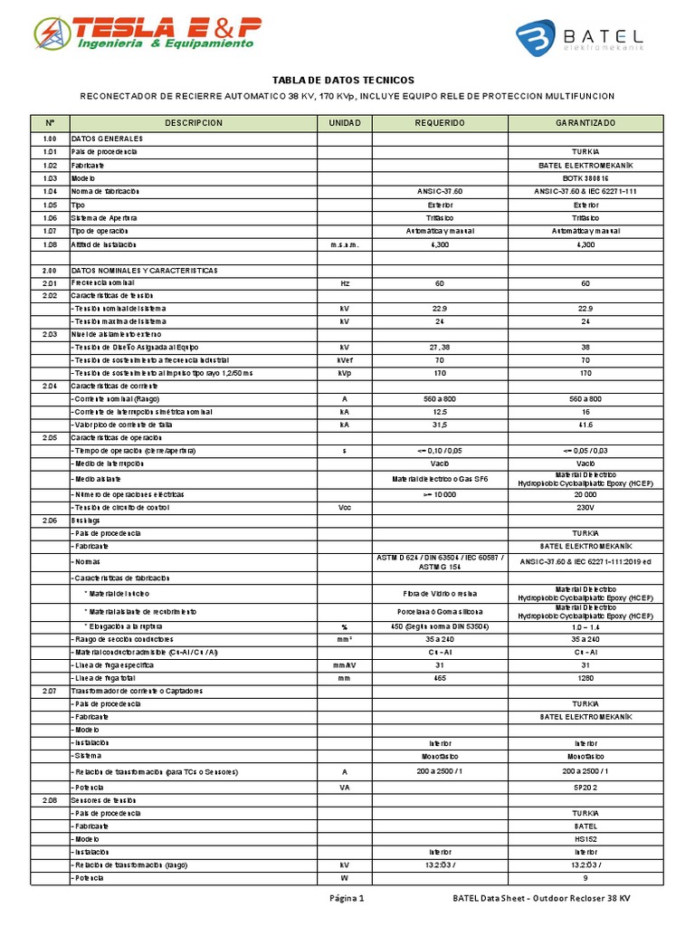 BATEL Data Sheet - Outdoor Recloser 38 KV | PDF | Relé | Bienes ...