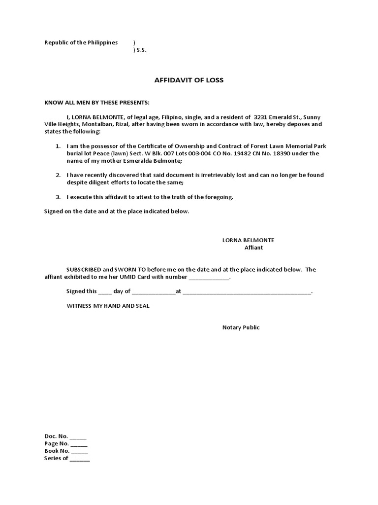 Affidavit of Loss Certificate of Ownership Memorial Lot | PDF