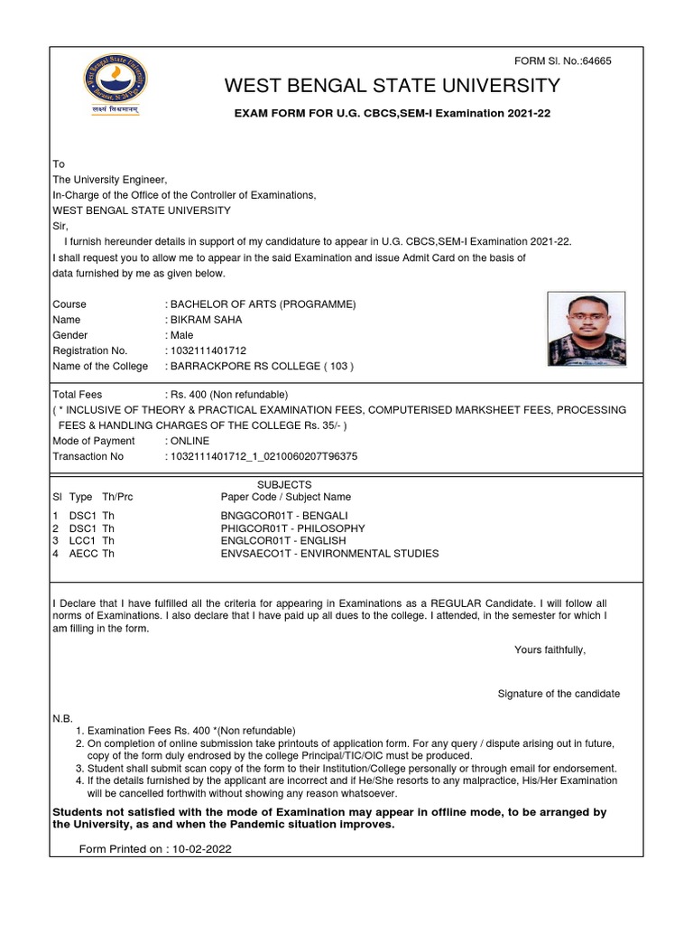 Exam Form For U.G. CBCS, Sem-I | PDF
