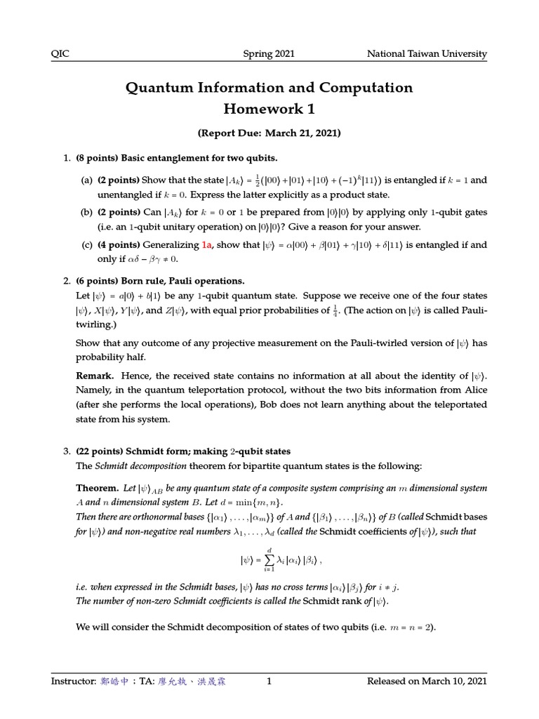 Quantum Information and Computation Homework 1: (Report Due: March 21, 2021) | PDF | Quantum ...
