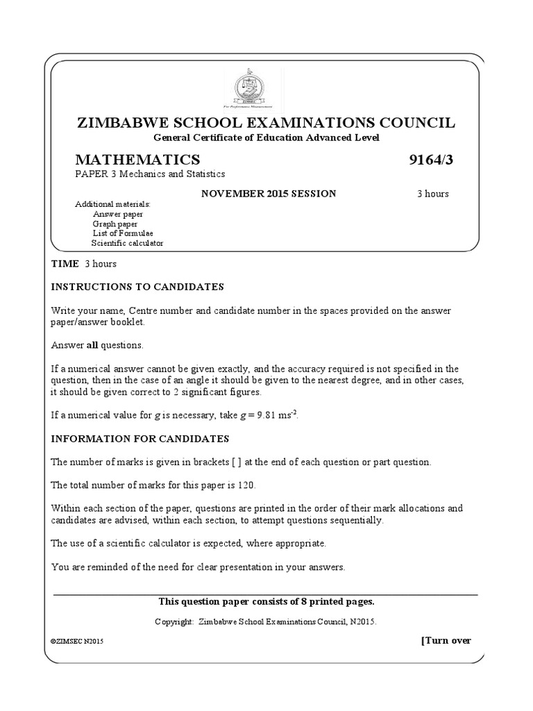 Zimbabwe School Examinations Council Mathematics 9164/3: General ...