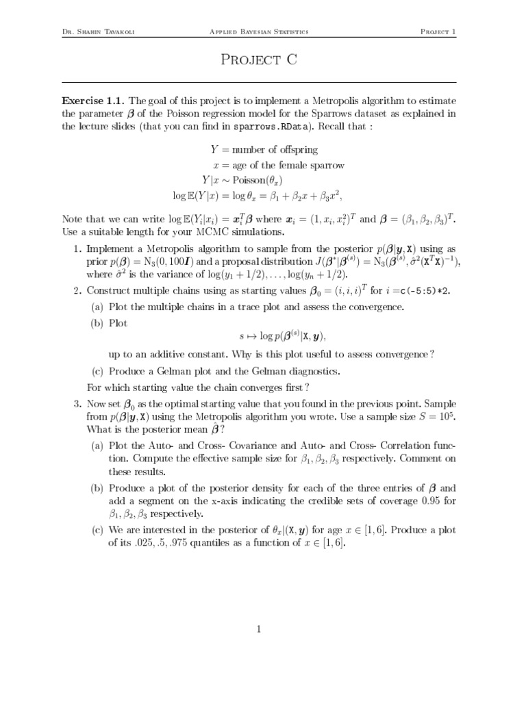 Project C: Dr. Shahin Tavakoli Applied Bayesian Statistics Project 1 | PDF | Statistics ...