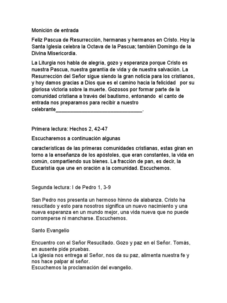 Monición Segundo Domingo de Pascua | PDF