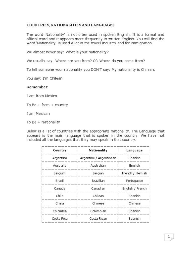 Countries, Nationalities, and Languages | PDF | Spanish Language ...
