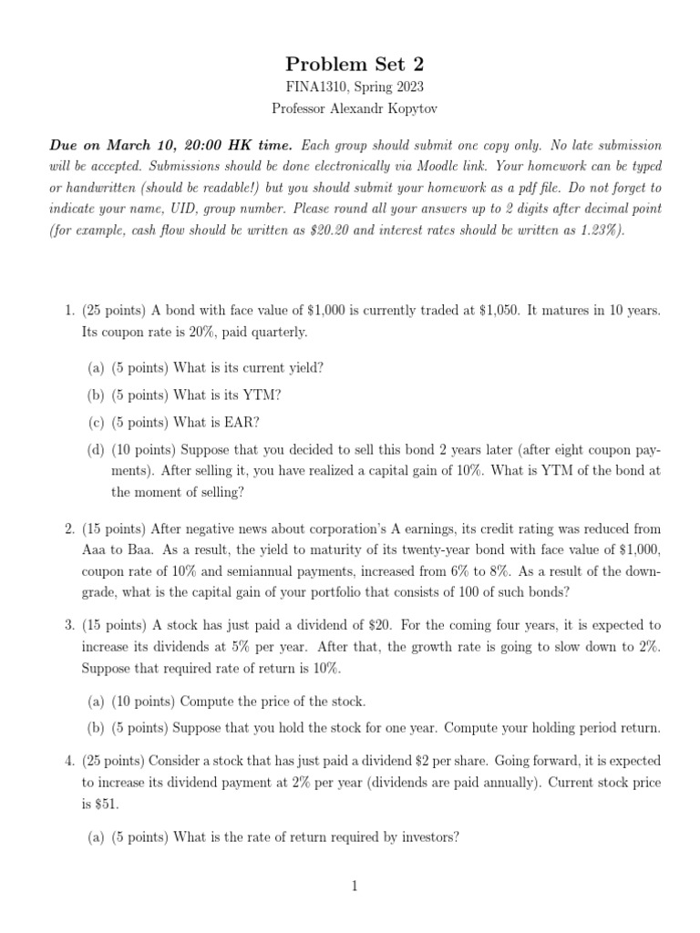FINA1310 Problem Set 2 | PDF | Dividend | Bonds (Finance)
