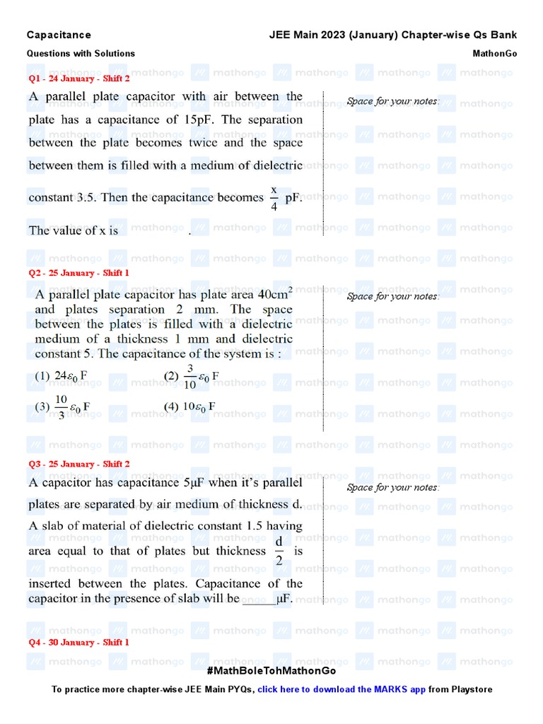 Capacitance - JEE Main 2023 January Chapter Wise Questions by MathonGo | PDF