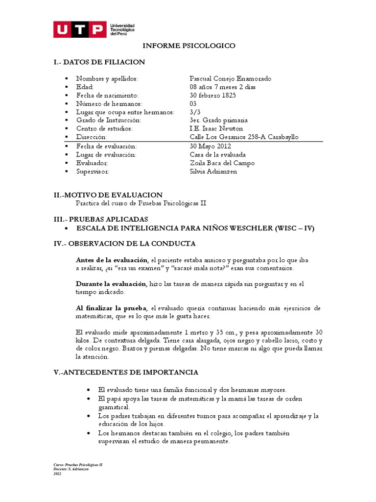 S08.s1 Material - MODELO INFORME - PSICOLOGICO WiscIV | Descargar gratis PDF | Cociente de ...
