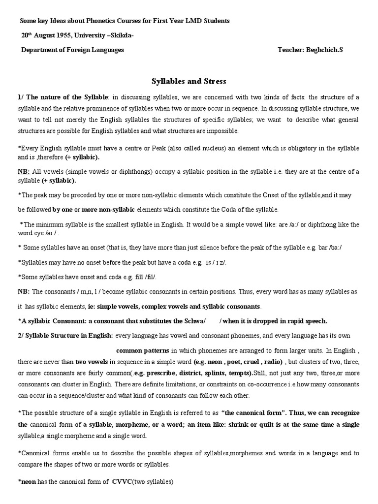 Keynotes About Phonetics Lessons | PDF | Stress (Linguistics) | Syllable