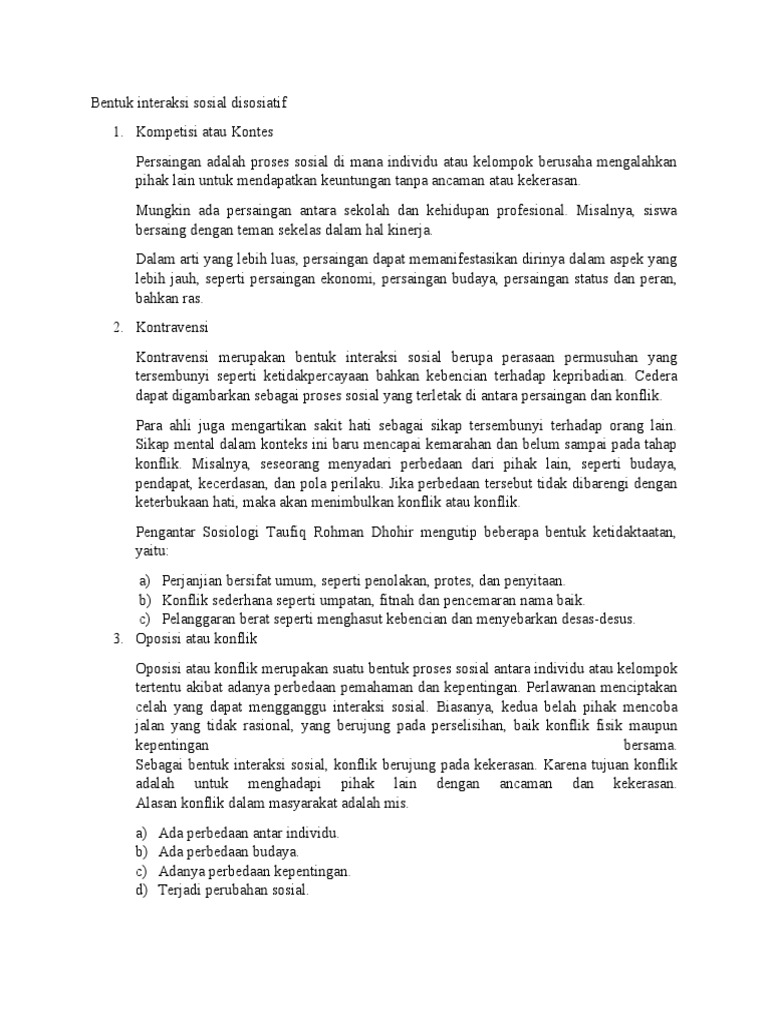 Bentuk Interaksi Sosial Disosiatif | PDF