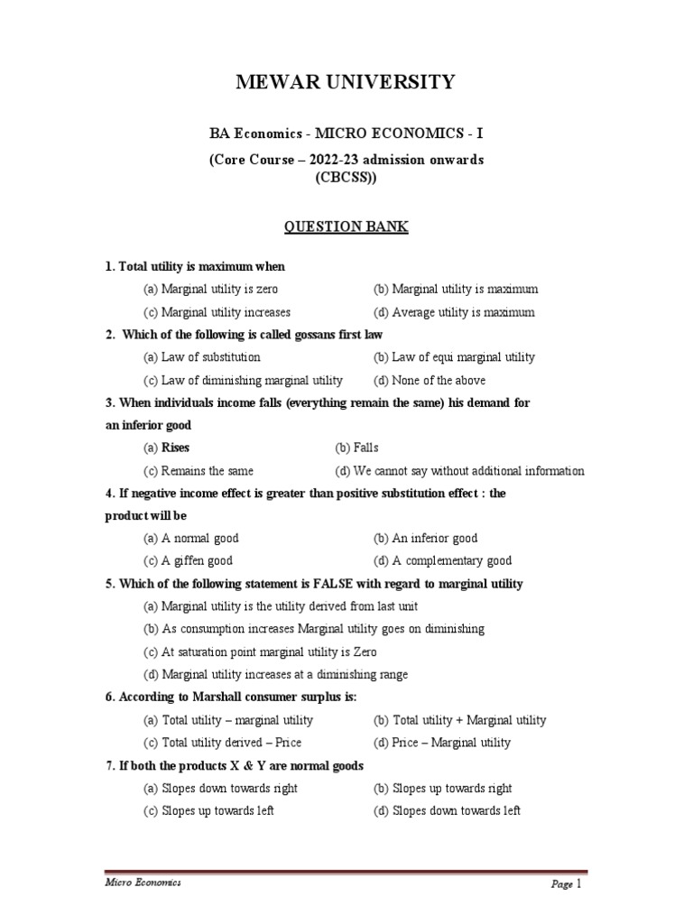 Micro Economics - Objective Question Bank | PDF | Utility | Marginal ...