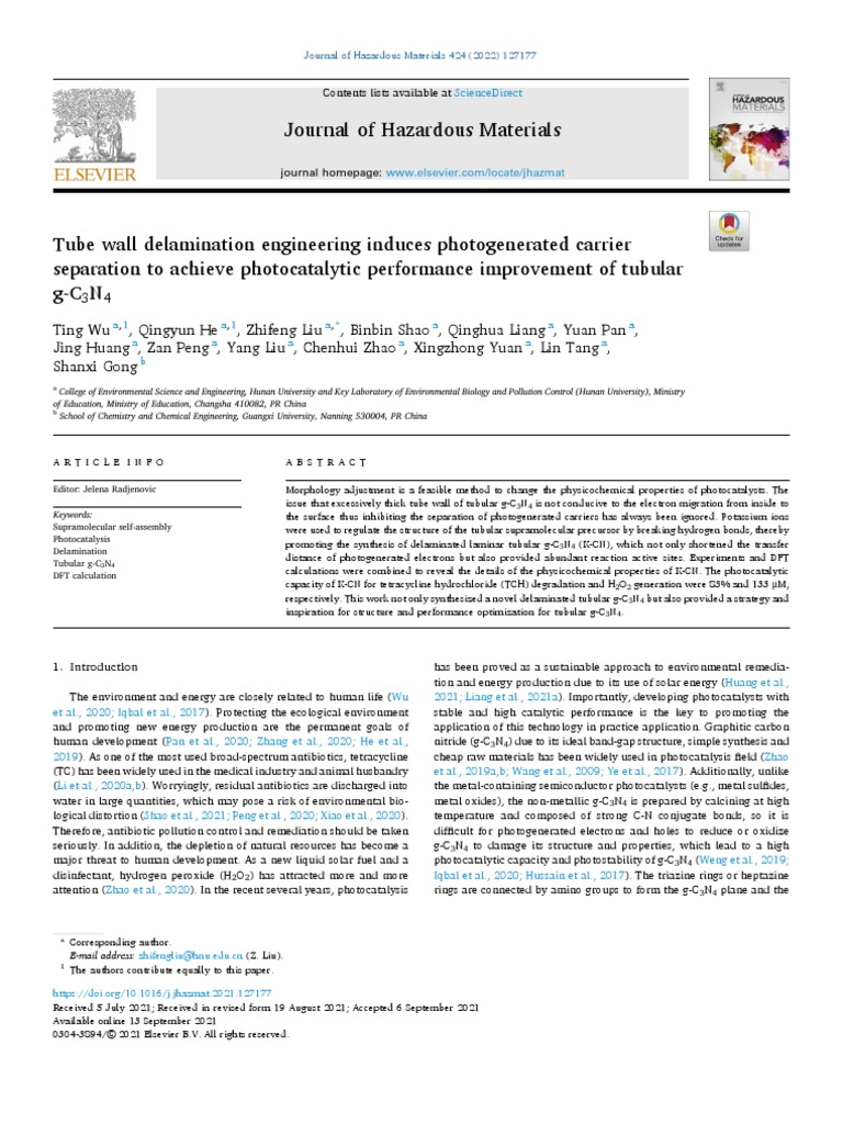 Tube Wall Delamination Tubular GC3N4 | PDF | X Ray Photoelectron ...