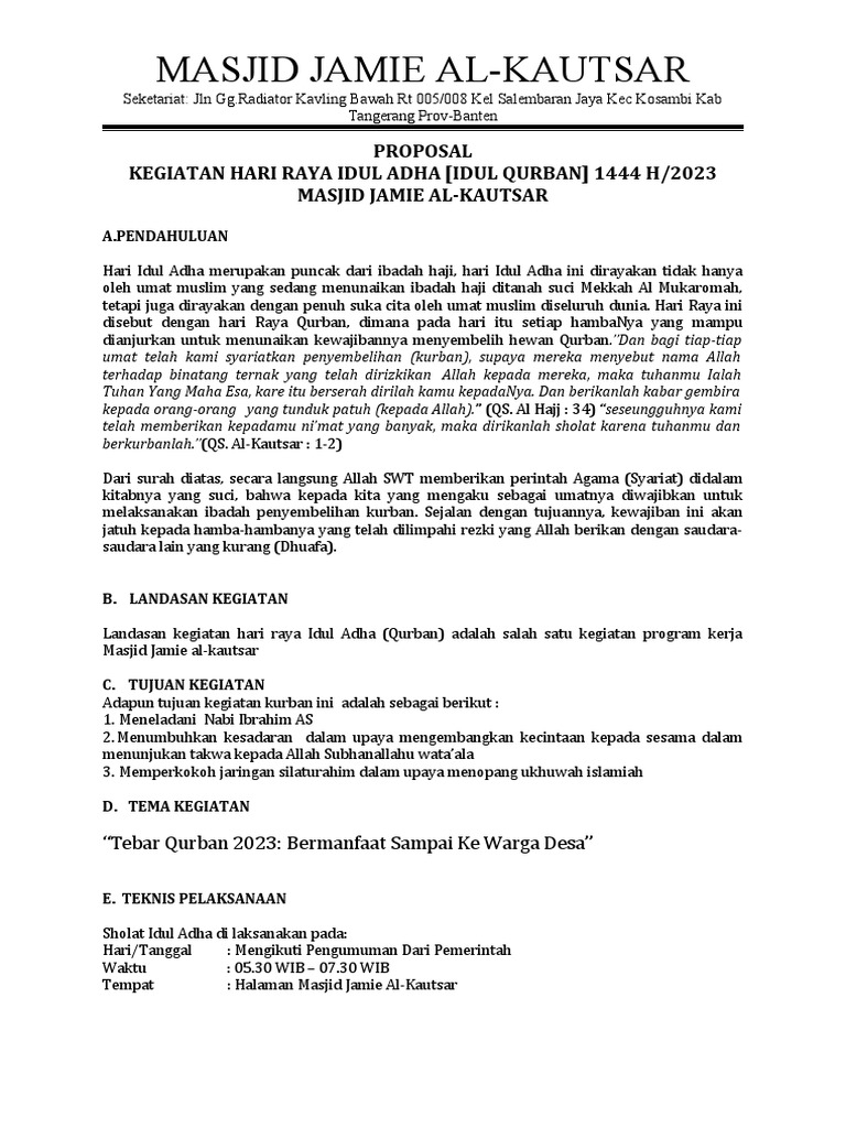 PROPOSAL KEGIATAN IDUL ADHA Docx | PDF