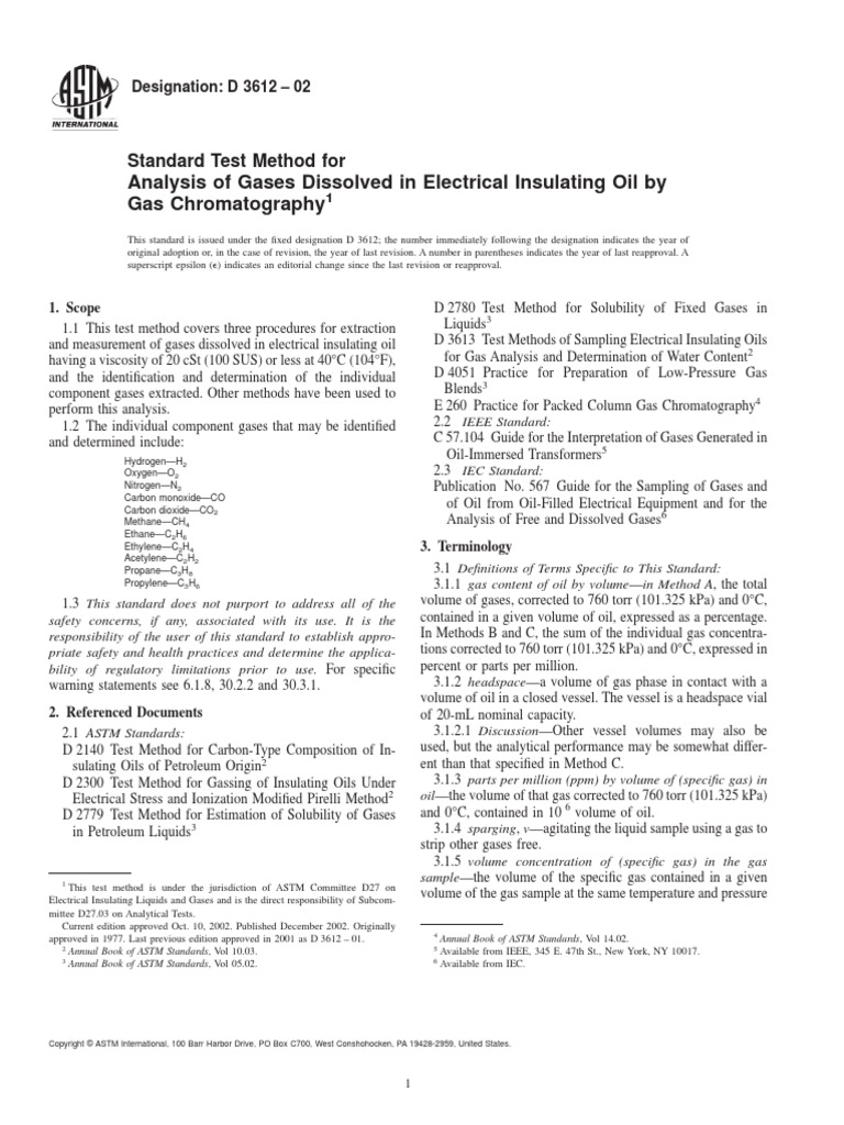 ASTM D 3612 (2002) - Método Estándar de Prueba para Análisis de Gases Disueltos en Aceite ...