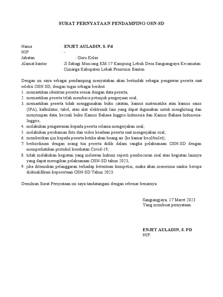 Surat Pernyataan Pendamping OSN | PDF