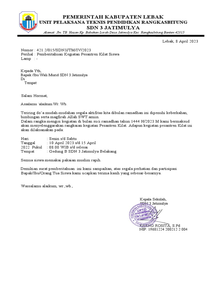 Surat Pemberitahuan Pesantren Kilat | PDF