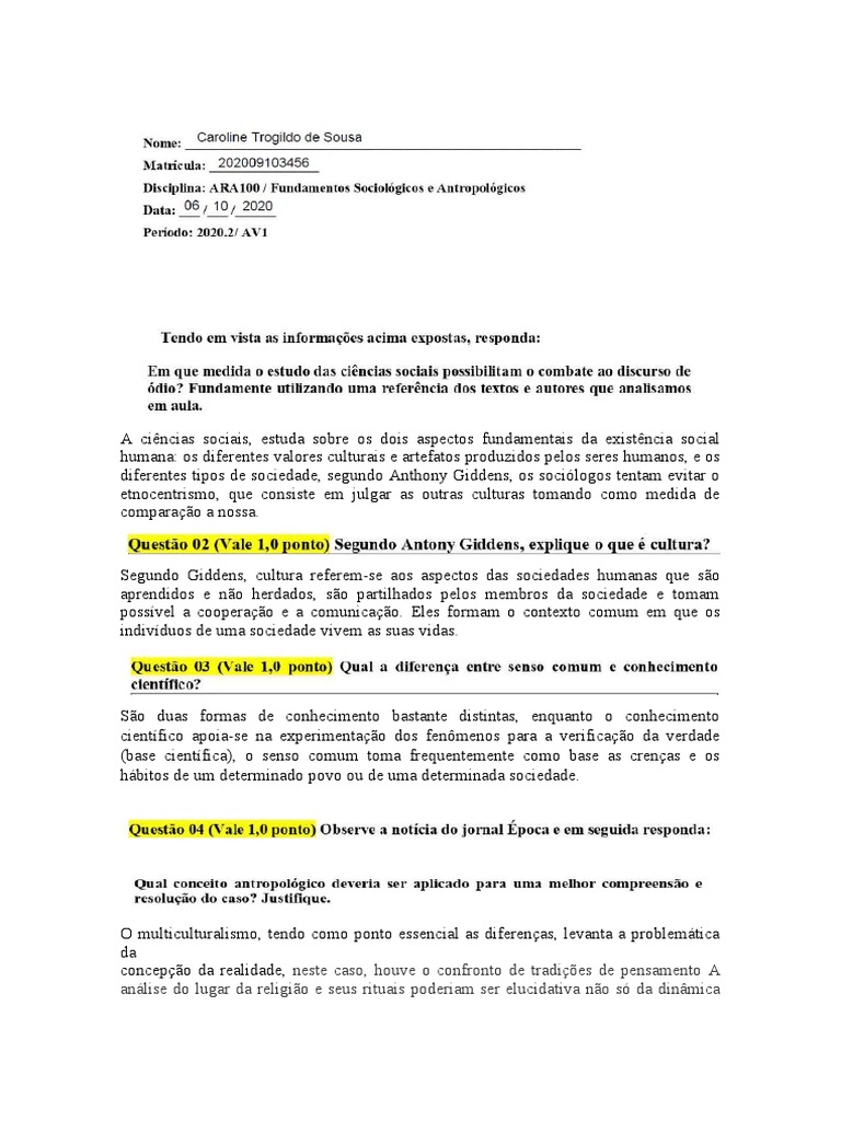 Resposta Prova AV1 | PDF