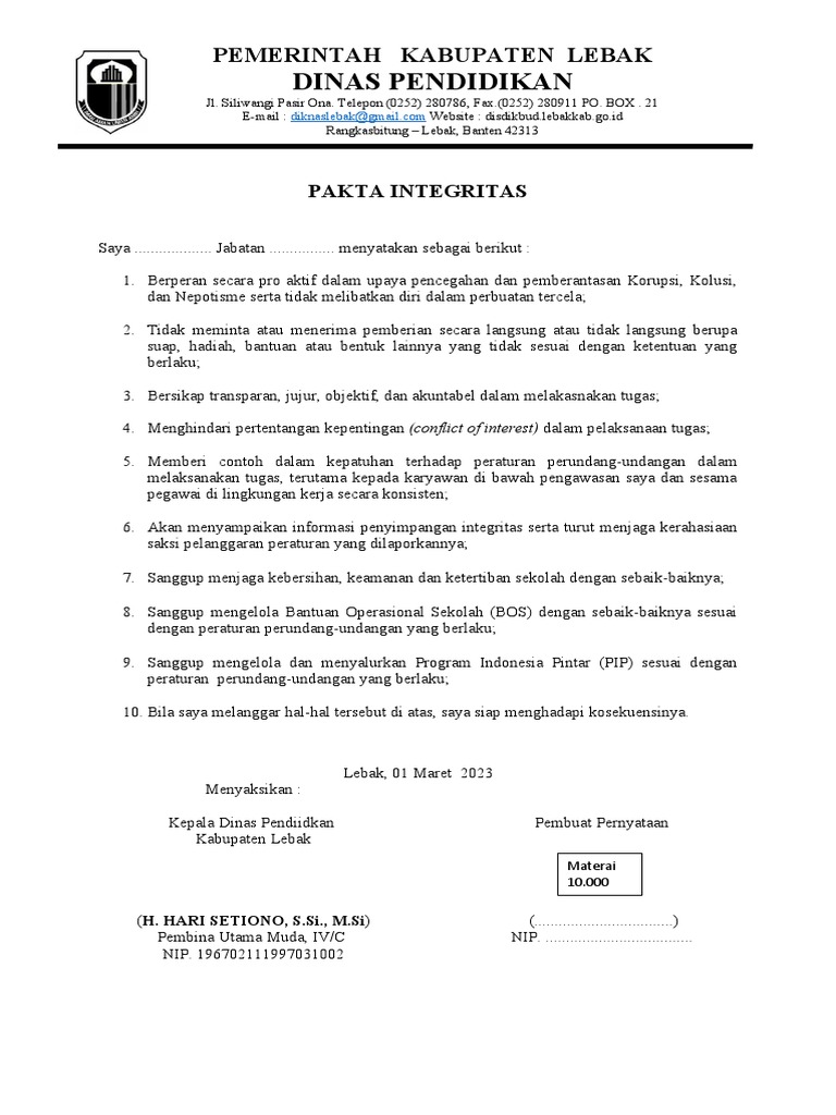 Pakta Integritas Kepala Sekolah | PDF