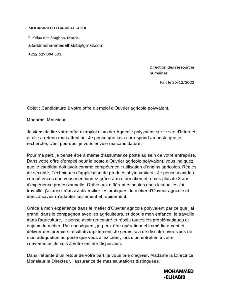 Candidature Ouvrier Agricole Polyvalent | PDF