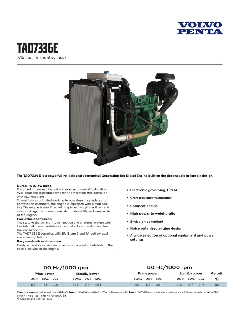 Tad733Ge: 50 Hz/1500 RPM 60 Hz/1800 RPM | PDF