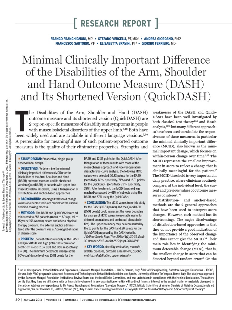Minimal Clinically Important Difference of The Disabilities of The Arm, Shoulder and Hand ...
