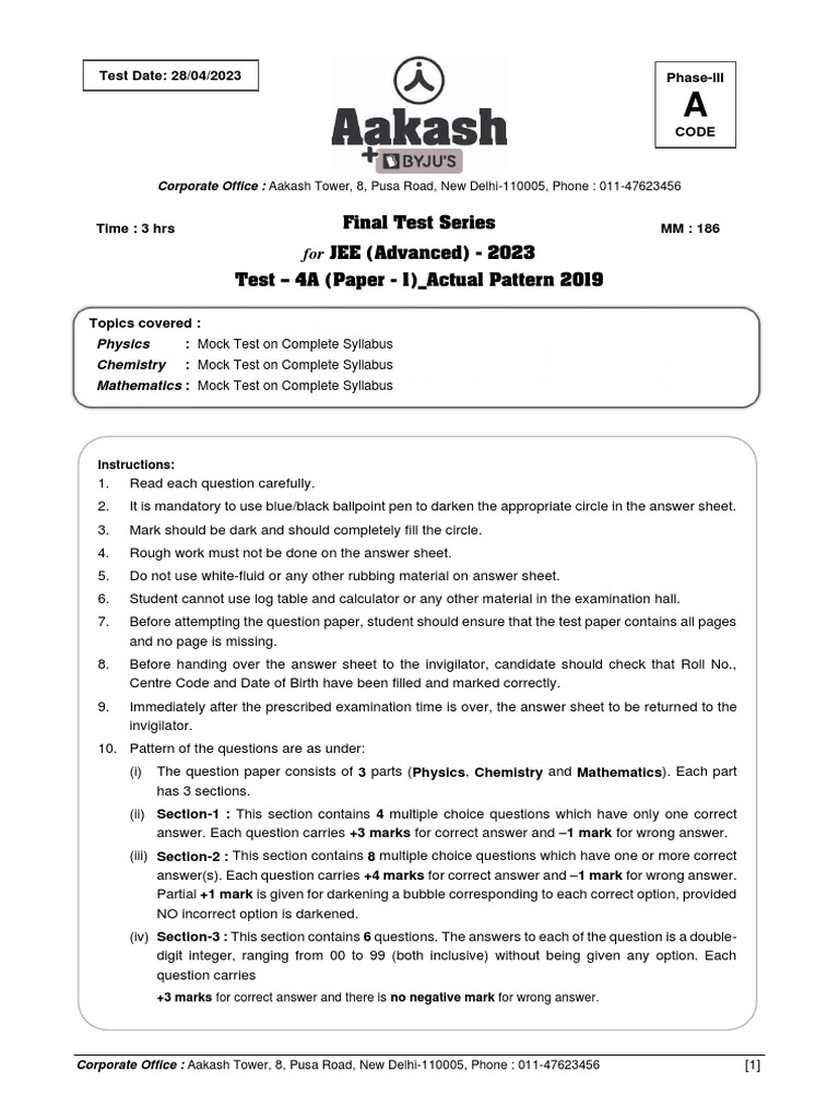 FTS-4A Paper-1 Q.P. | PDF | Ion | Ionization