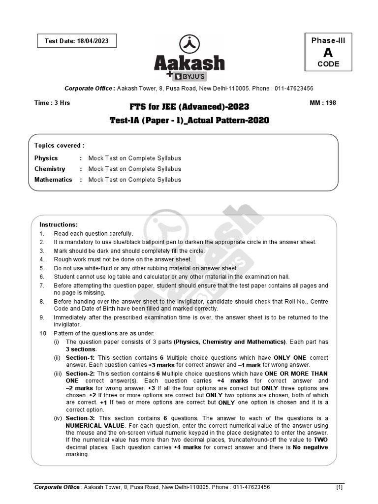 FTS-1A Paper 1 Q.P. | Download Free PDF | Gases | Precipitation (Chemistry)