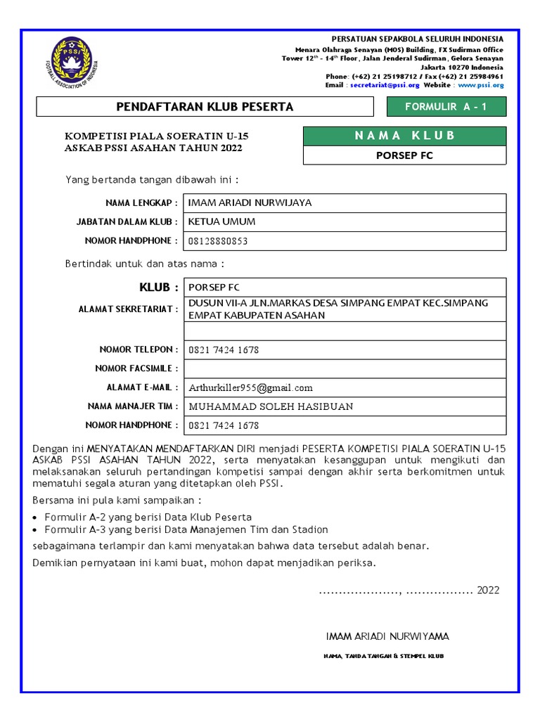 A1. Formulir Pendaftaran (U-15) | PDF