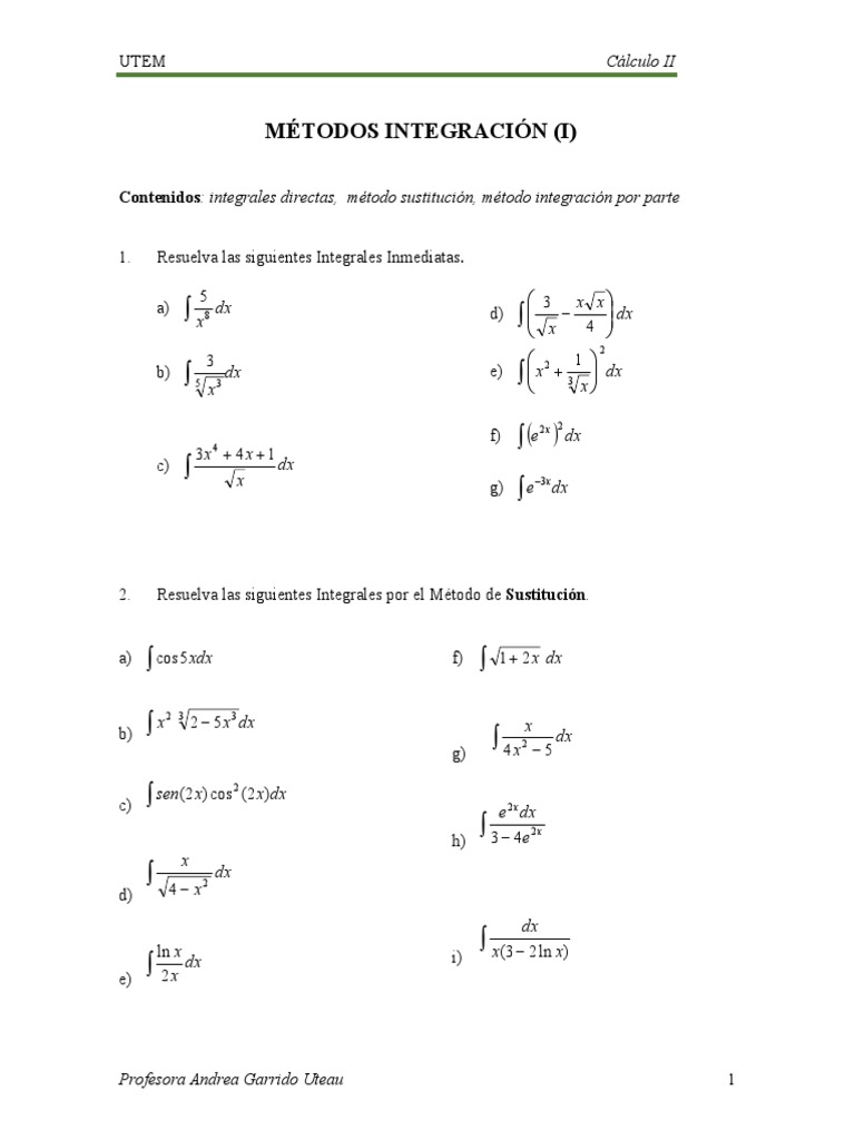 Guia+Metodos+Integraci%C3%B3n+%28I%29 | PDF | Integral | Conceptos ...