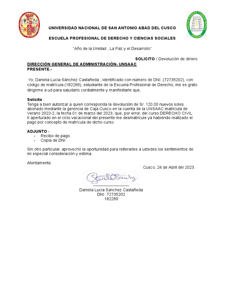 Solicitud Devolución de Dinero | PDF