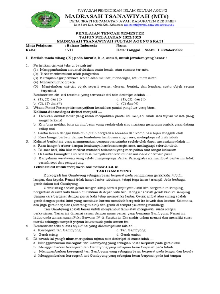 Soal PTS Ganjil B. Indo Kls 7 2022 | PDF | Kajian Bahasa Asing