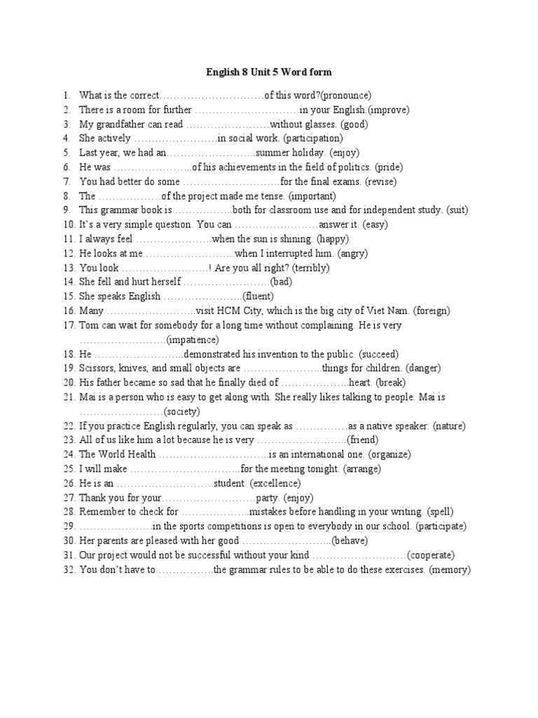 English 8 Unit 5 Word Form | PDF