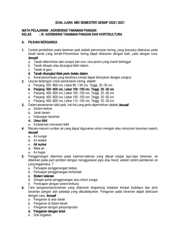 Soal Mid Semester Genap Agr - Tan.pangan | PDF