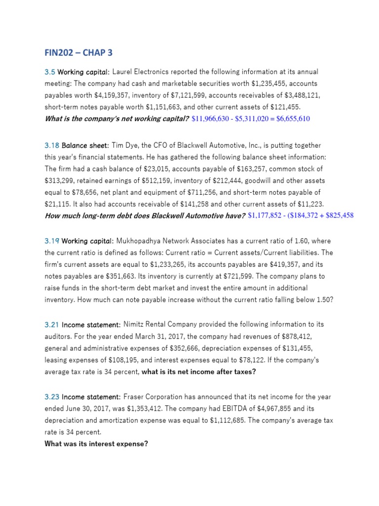 FIN202 - Chap 3 - Selected Exercises | PDF | Expense | Working Capital