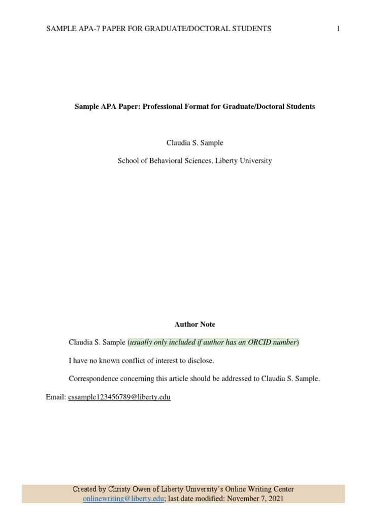 Sample APA Paper: Professional Format For Graduate/Doctoral Students ...