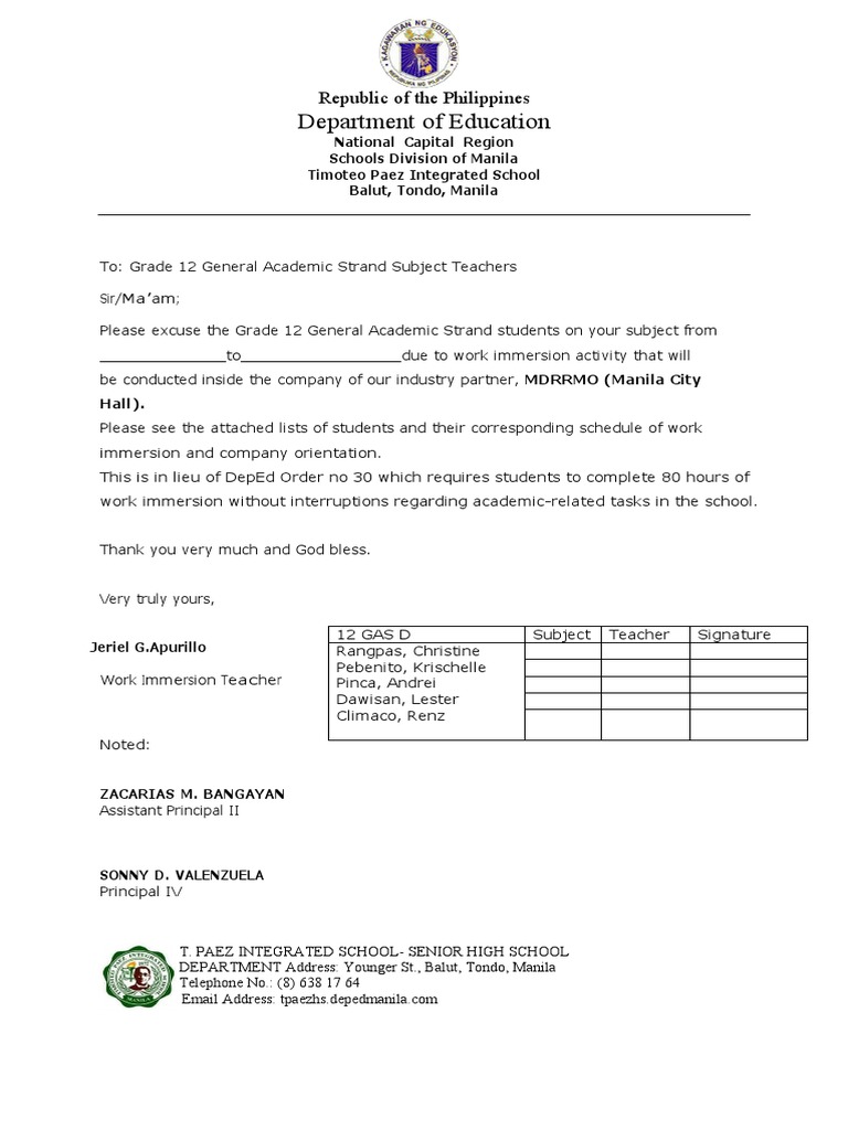 Work Immersion Excuse Letter | PDF