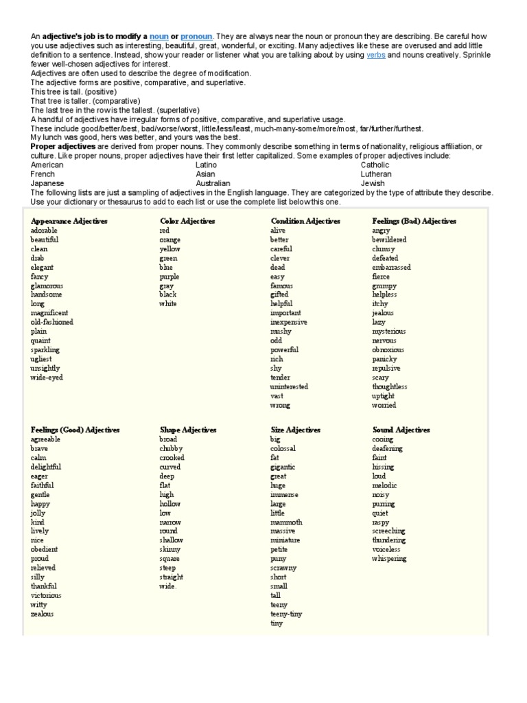 Adjective List and Expl | PDF | Adjective | Noun