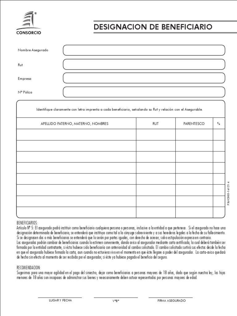 Designación de Beneficiarios de Seguro | PDF