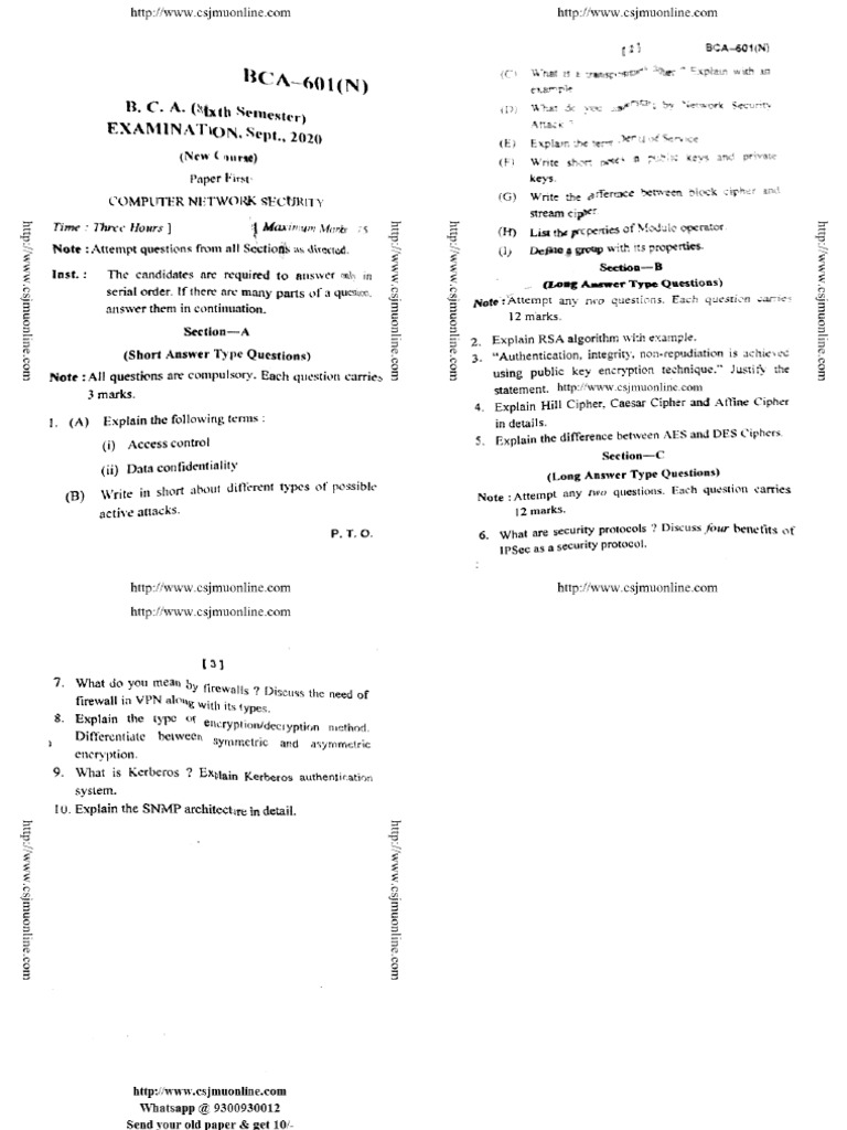 Bca 6 Sem Computer Network Security Bca 601n Sep 2020 | PDF