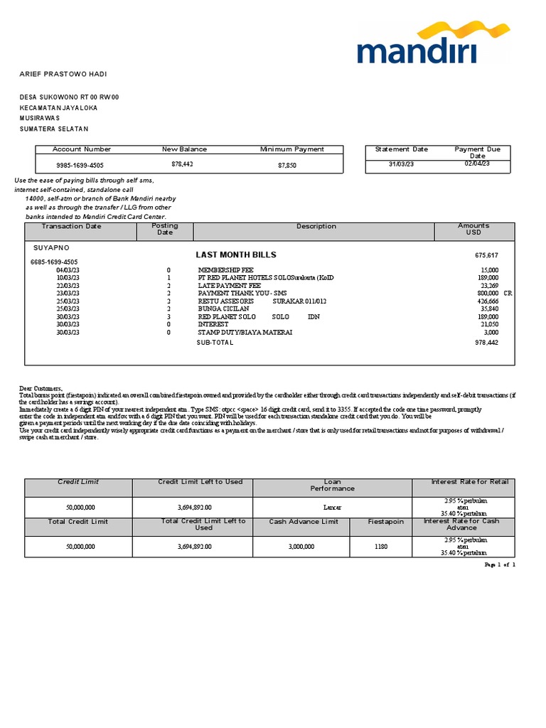 Mandiri Credit Statement | PDF | Credit Card | Trade