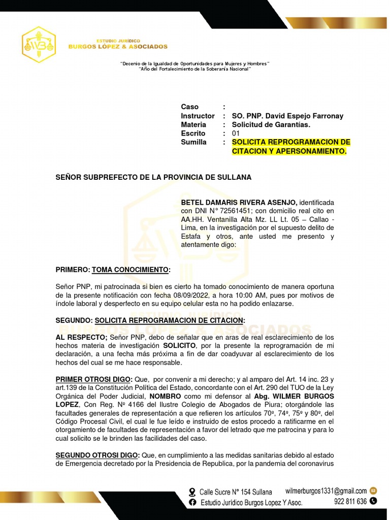 Solicita Reprogramacion - Se Apersona y Otros - Betel Rivera Asenjo | PDF | Justicia | Crimen y ...